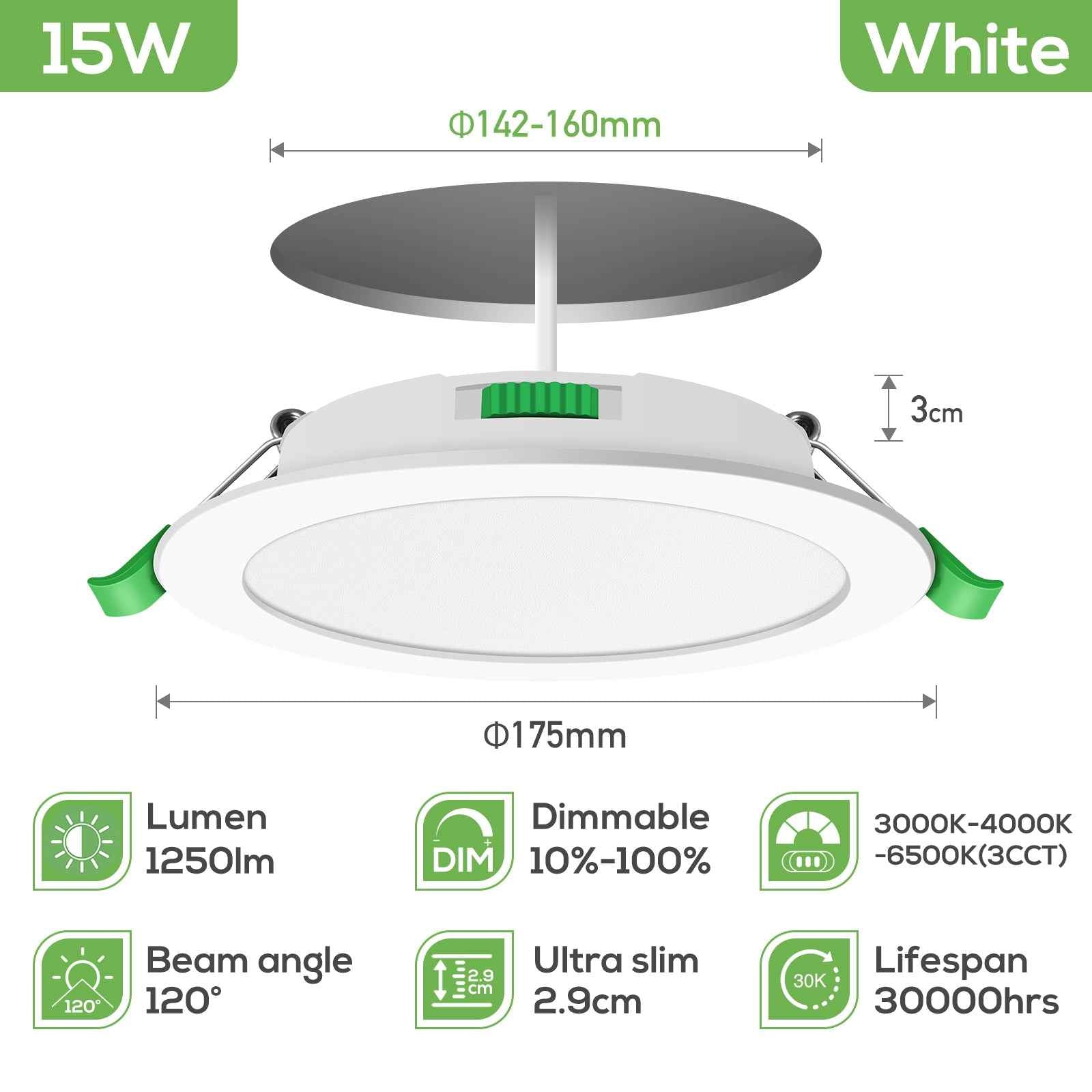 15W Ultra Slim LED Downlight CCT Dimmable IP44 White Cutout 145-160mm